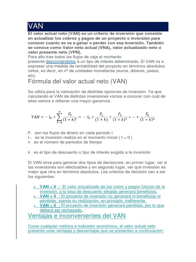 Fórmula Del Valor Actual Neto (VAN) | Descargar gratis PDF | Tasa interna de retorno ...