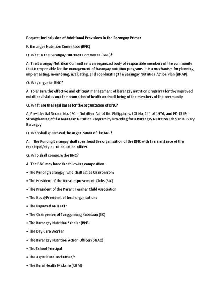 Barangay Primer (BNC) | PDF | Nutrition | Diet & Nutrition