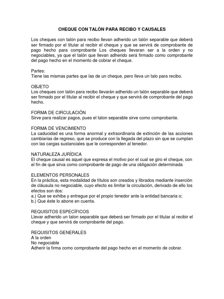 Cheque Con Talón para Recibo y Causales | PDF