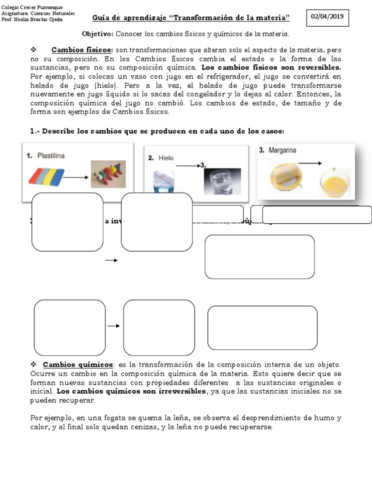Guía de Aprendizaje Cambios Fisicos y Quimicos de La Materia 7º | PDF