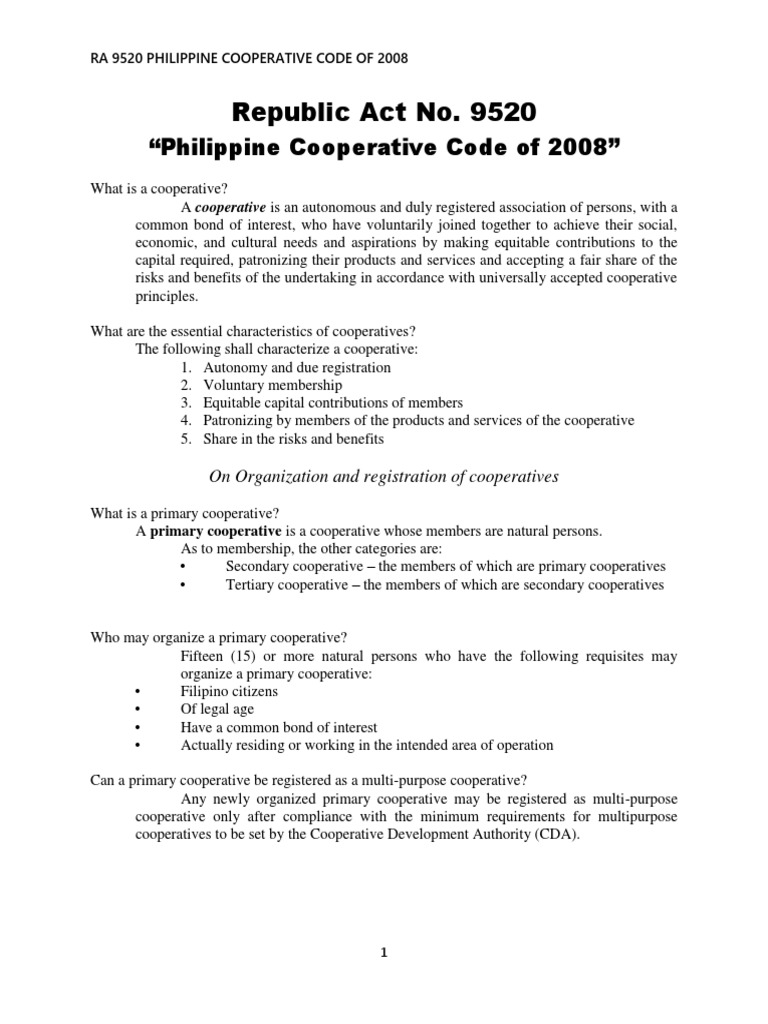 Republic Act No. 9520: "Philippine Cooperative Code of 2008" | PDF ...