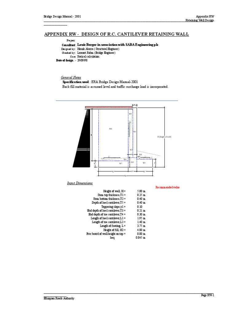 Appendix RW - Design of R.C. Cantilever Retaining Wall: General Notes ...