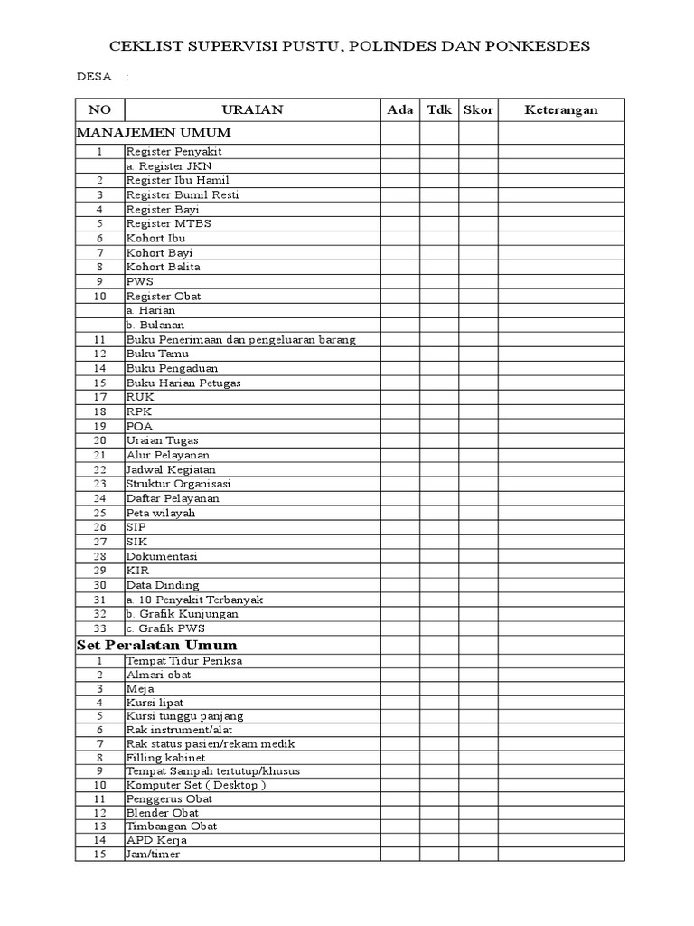 Ceklist Supervisi | PDF