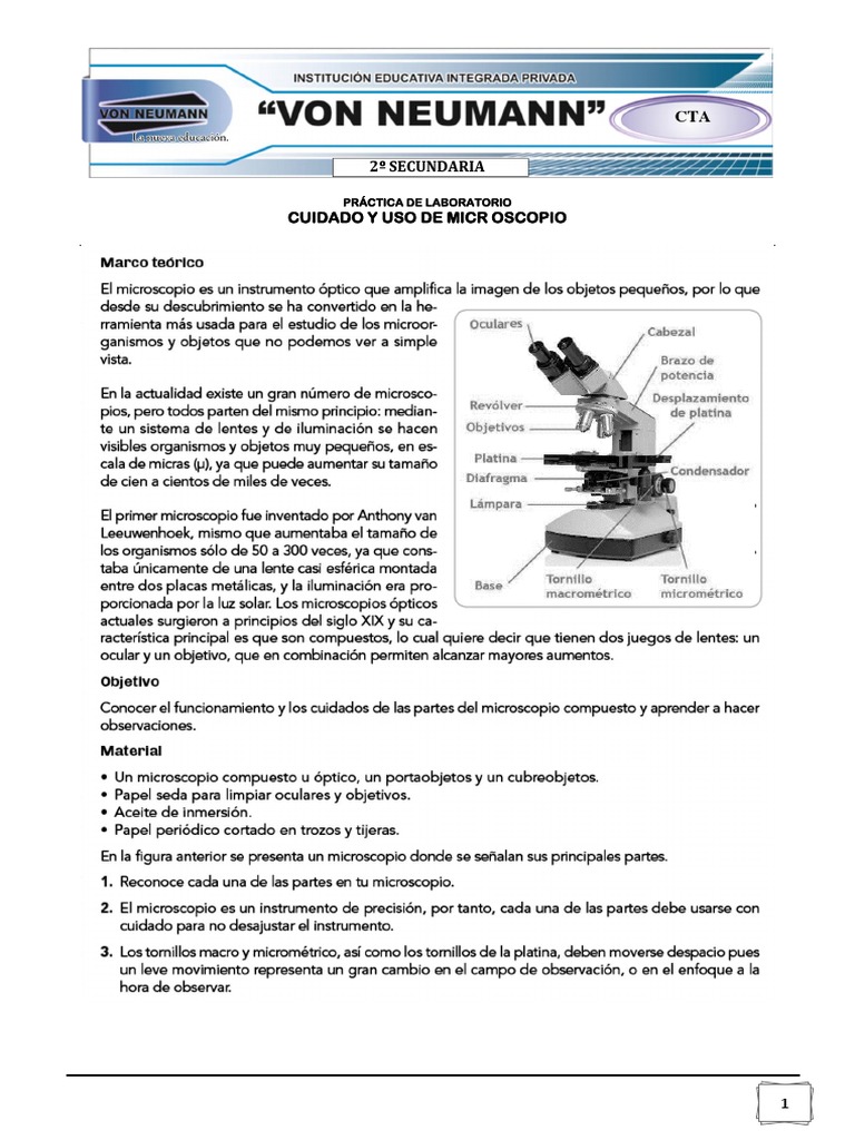 Cuidados y Uso del Microscopio | PDF | Escuelas