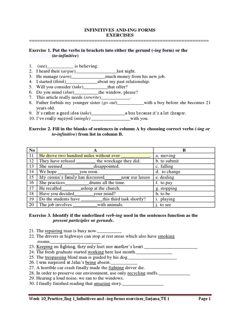 Week 11. Infinitives And-Ing Forms Exercises Sarjana TE 2 | PDF ...