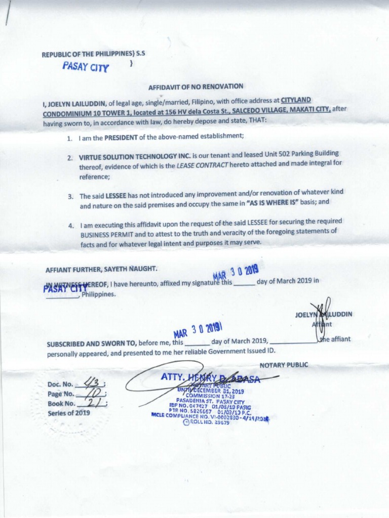 Affidavit of No Renovation | PDF