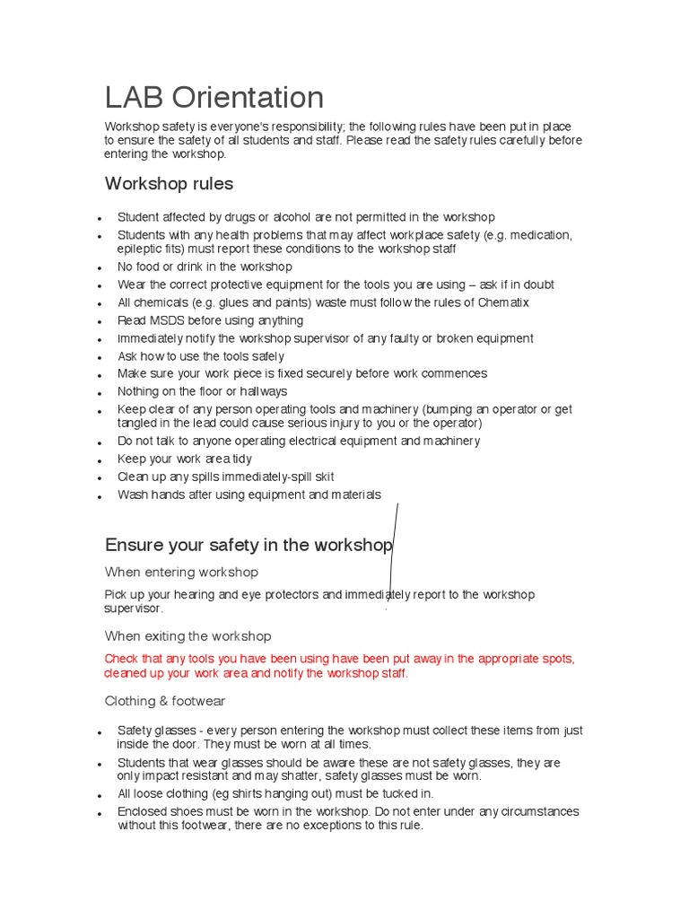 LAB Orientation: Workshop Rules | PDF | Safety