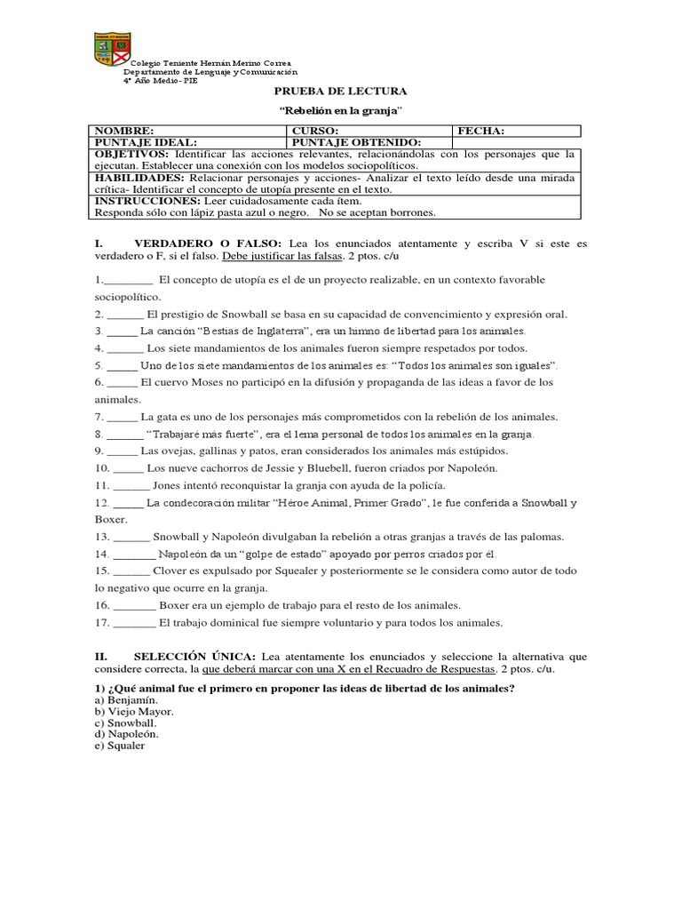 PRUEBA DE LECTURA La Granja de Los Animales | PDF | Vacas | Napoleón