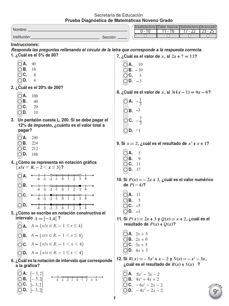 Prueba Diagnóstica de Matemáticas 9no Grado PDF | PDF | Métodos y materiales de enseñanza
