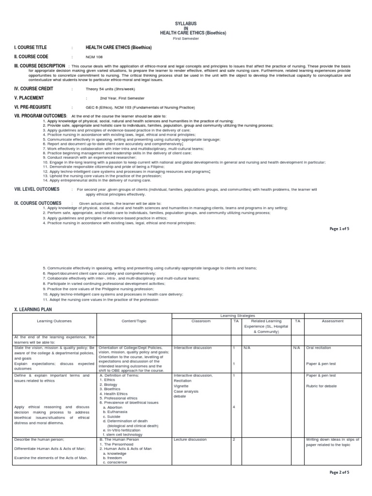 NCM 108 Bioethics | PDF | Bioethics | Nursing