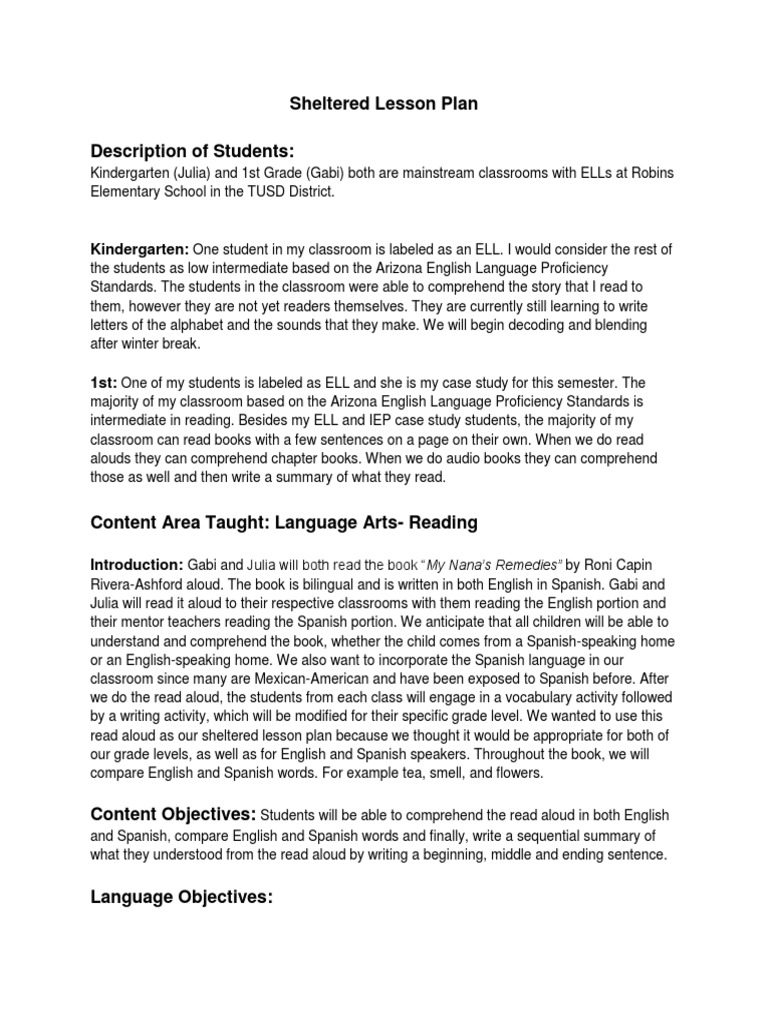 Sheltered Lesson Plan | PDF | Mentorship | Vocabulary