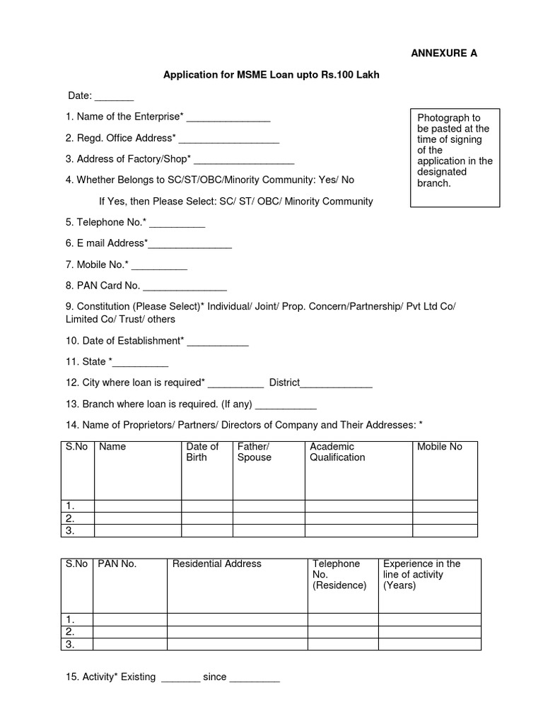 Annexure A Application For MSME Loan Upto Rs.100 Lakh | PDF | Credit ...