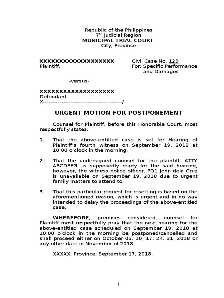 Motion For Postponement - Unavailable Witness | PDF | Judiciaries ...