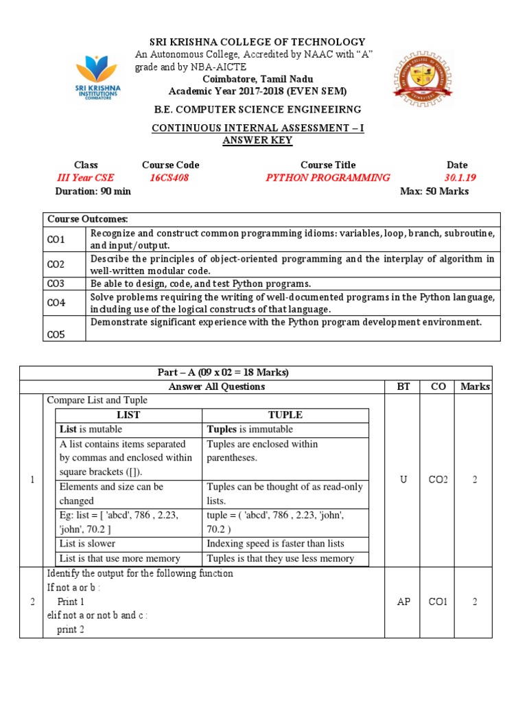 CIA I Answer Key | PDF | String (Computer Science) | Python (Programming Language)