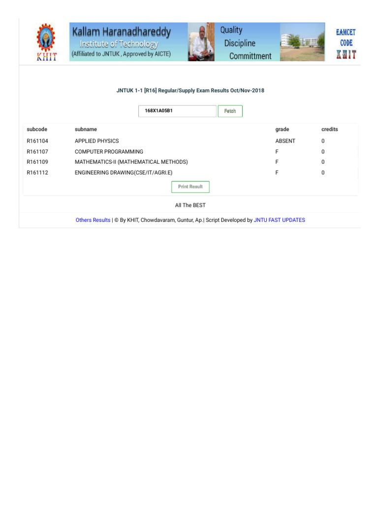 JNTUK 1-1 (R16) Regular/Supply Exam Results Oct/Nov-2018: Subcode ...