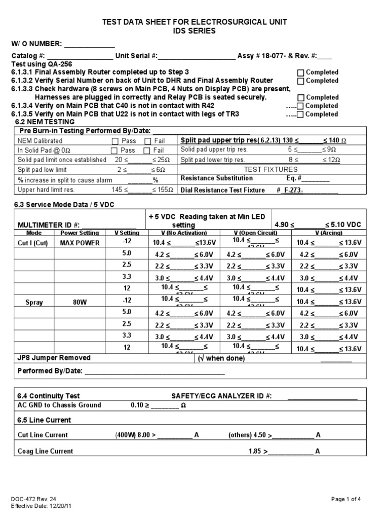 Test Data Sheet For Electrosurgical Unit Ids Series | PDF | Equipment ...