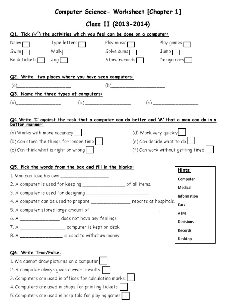 CBSE Class 2 Computers Practice Worksheet | PDF