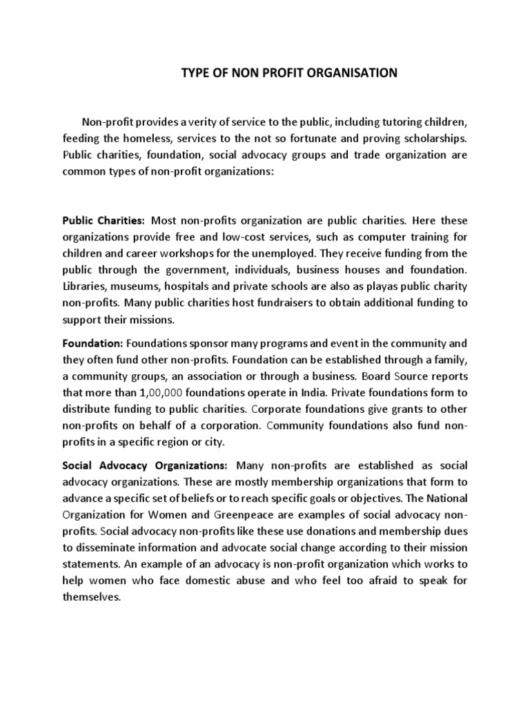 Types of Non-Profit Organizations | PDF | Non Governmental Organization ...
