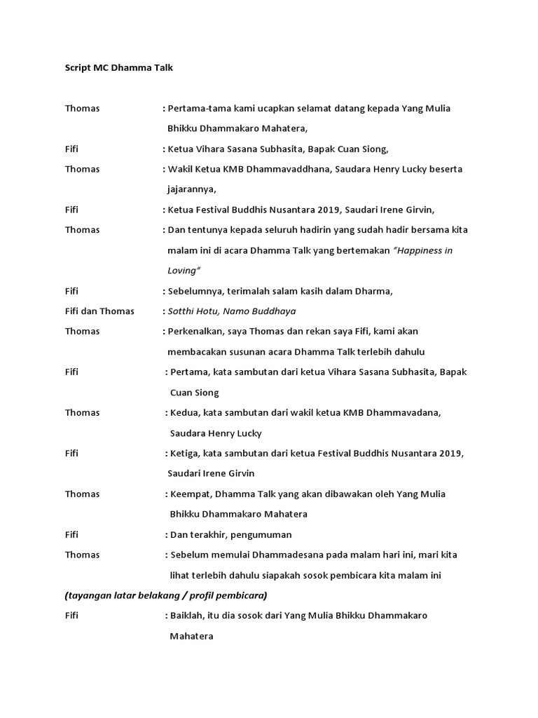 Script MC Dhamma Talk | PDF | Agama & Spiritualitas