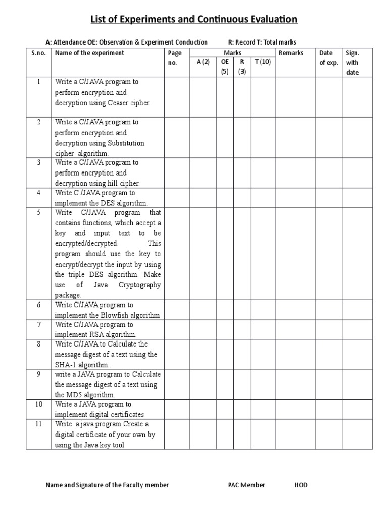List of Experiments and Continuous Evaluation | PDF