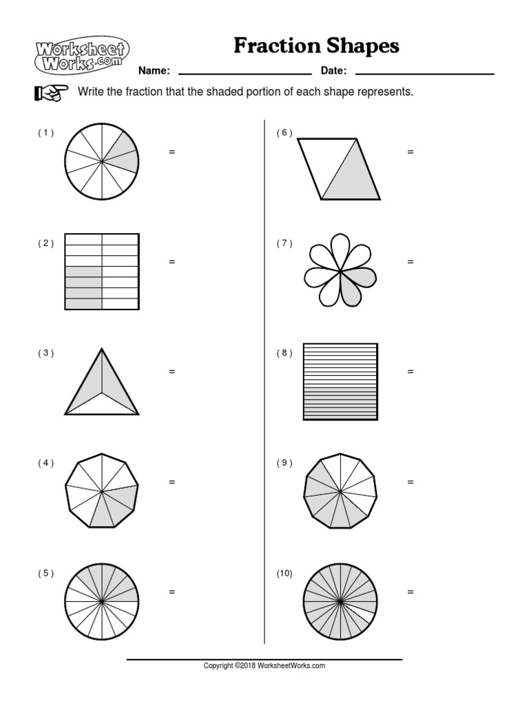 Fraction Shapes: Write The Fraction That The Shaded Portion of Each ...