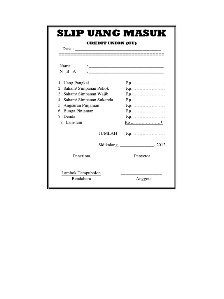 Slip Uang Masuk Koperasi 2024 | PDF