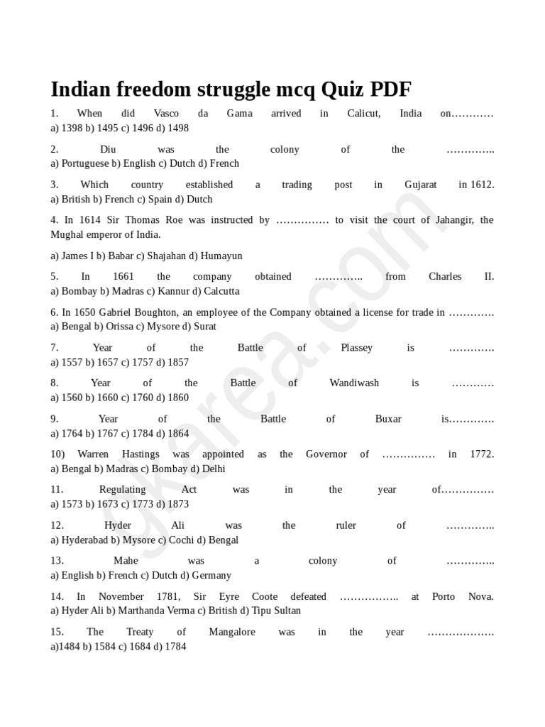 Indian Freedom Struggle MCQ Quiz PDF | PDF | Swami Vivekananda | Sikhism