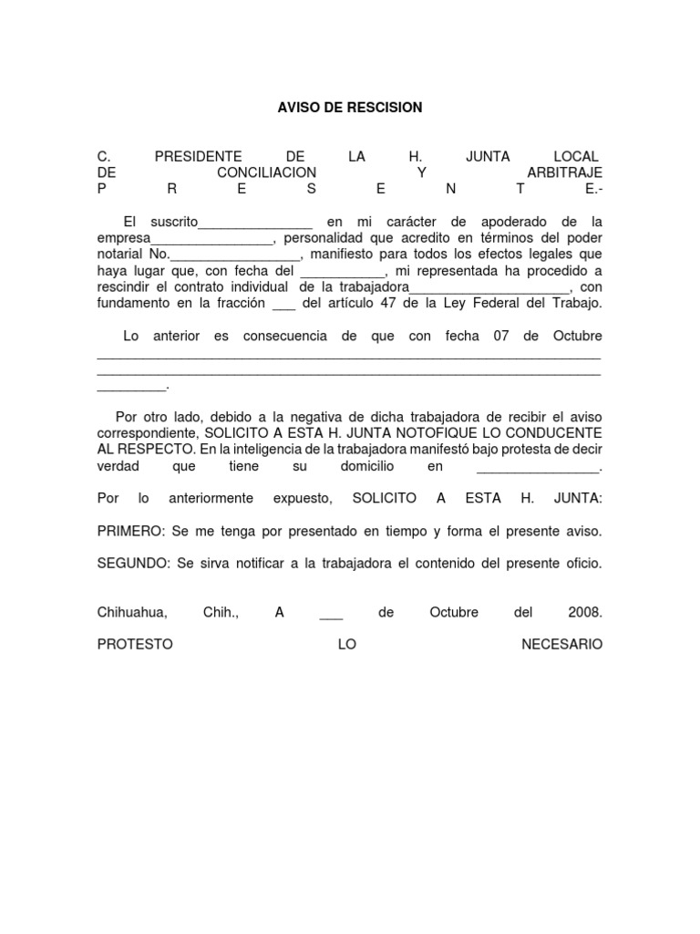 Rescisión de Contrato Laboral | PDF