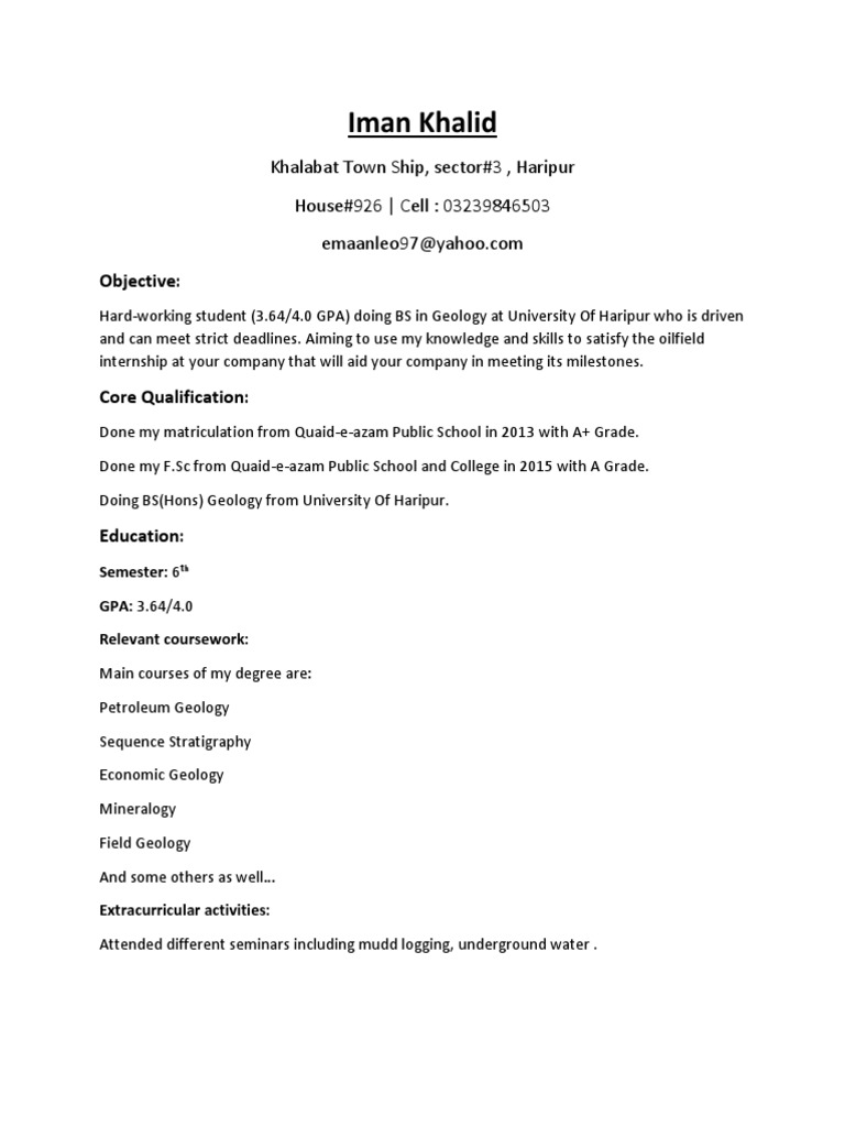 Application for an Oilfield Internship: Resume of Iman Khalid ...