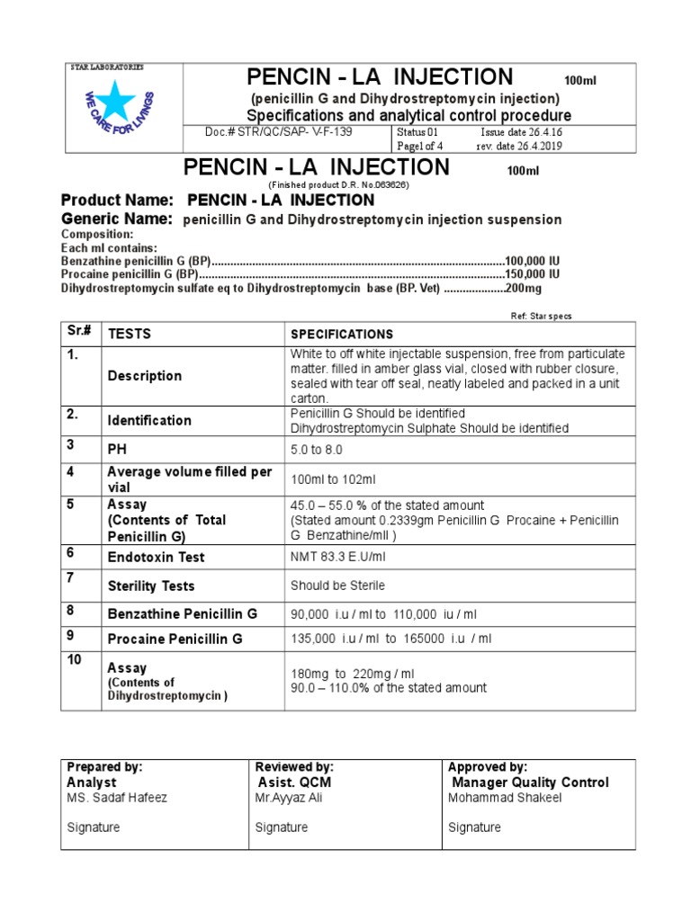 Pencin - LA Injection 100ml SAP-V-F-139 | PDF | Sterilization ...