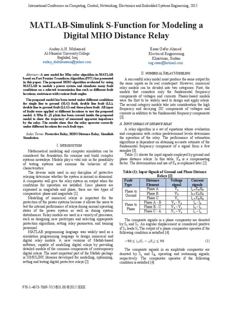 MATLAB-Simulink S-Function For Modeling A Digital MHO Distance Relay ...