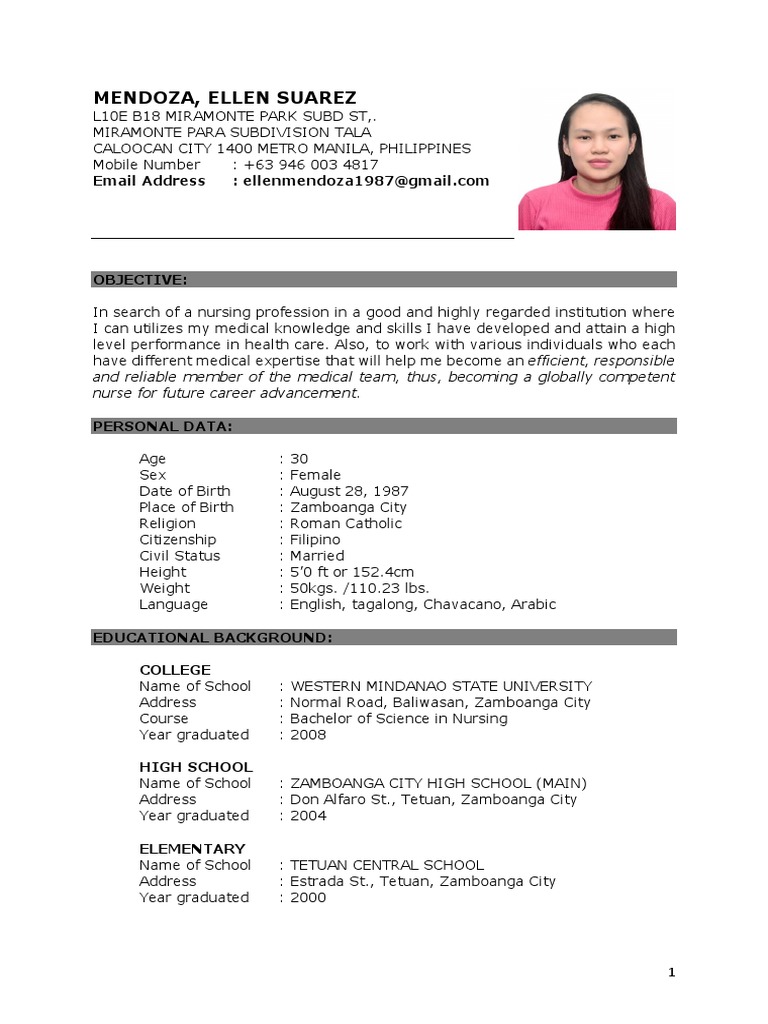 CV of Ellen Mendoza 01 | PDF | Intravenous Therapy | Nursing