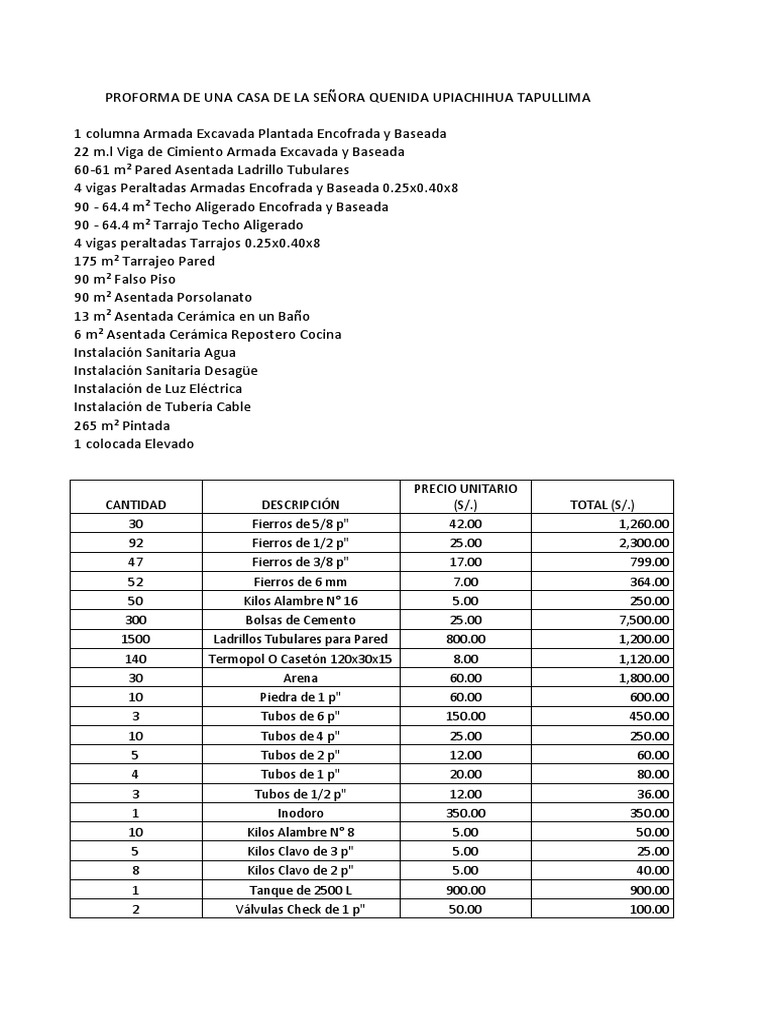 PROFORMA | PDF | Ingeniería de Edificación | Materiales de construcción