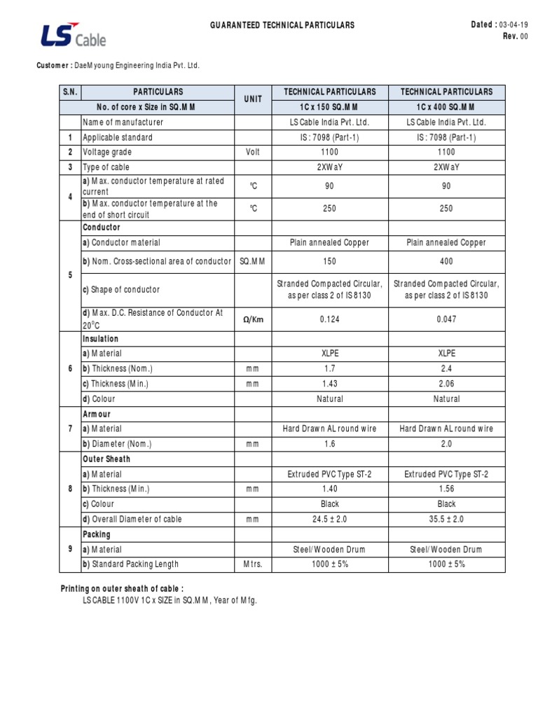 GTP - 1.1kv 1c Copper Xlpe Armd Cable | PDF | Electrical Conductor | Wire