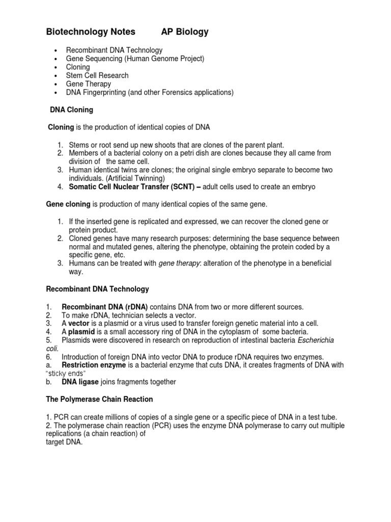 Biotechnology Notes AP Biology | PDF | Molecular Cloning | Recombinant Dna