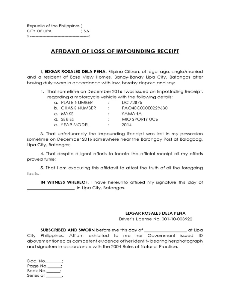 Impounding Receipt) Affidavit of Loss | PDF | Affidavit | Government ...