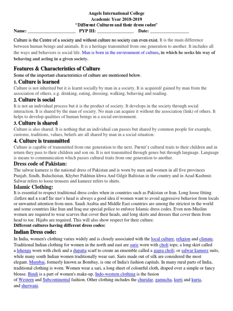 Dress Code of Different Cultures (Reading Material) | PDF | Clothing ...