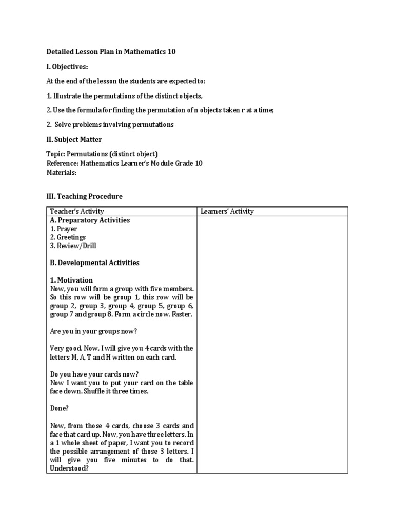 Detailed Lesson Plan in Mathematics 10-for COT.docx | Permutation ...
