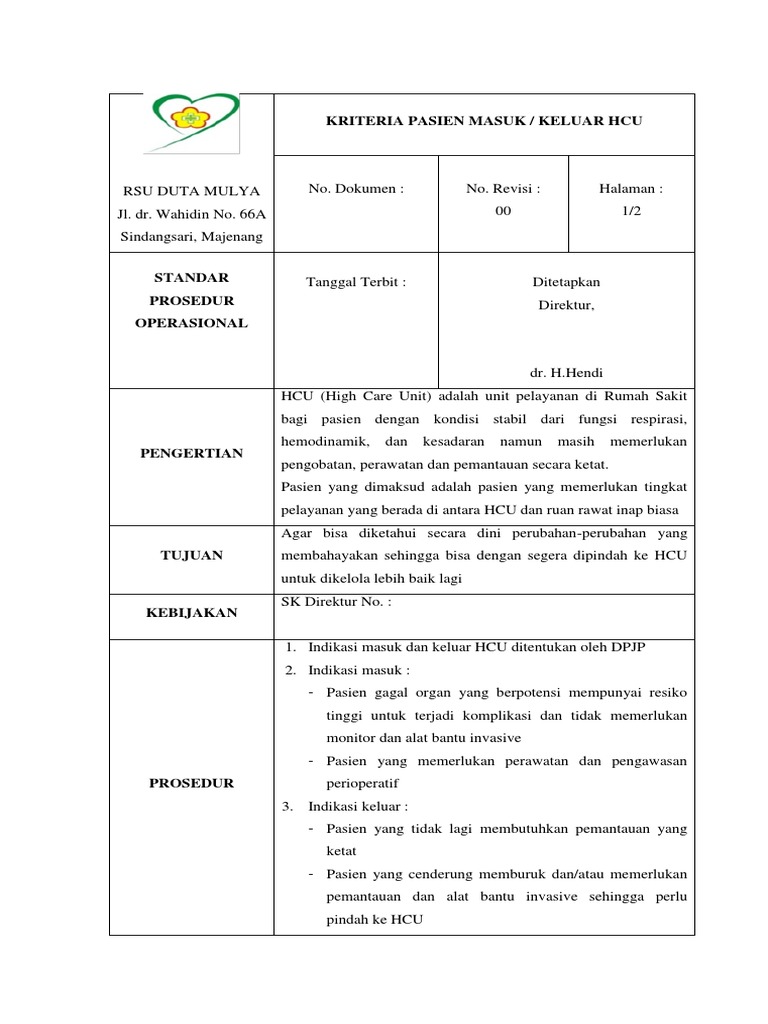 Spo Keluar Masuk HCU | PDF
