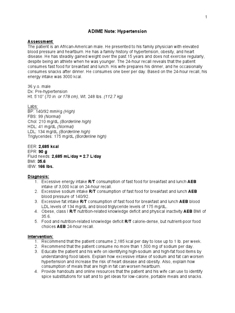ADIME Note: Hypertension: Assessment | PDF | Hypertension | Obesity