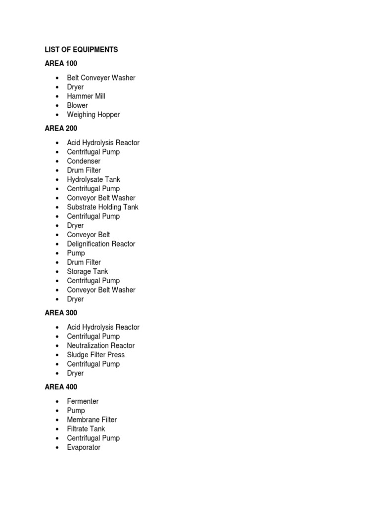 List of Equipments AREA 100 | PDF