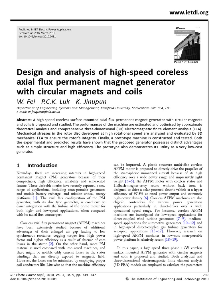 Design of A 1kW High Speed Axial Flux Pe | PDF | Electric Motor | Inductor