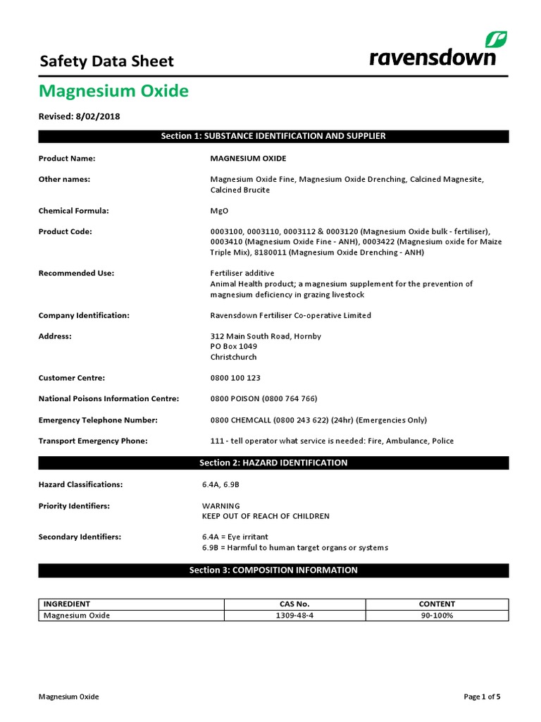 MSDS Magnesium Oxide | PDF | Magnesium | Toxicity