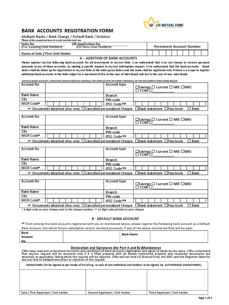 Bank Accounts Registration Form: Multiple Banks / Bank Change / Default ...
