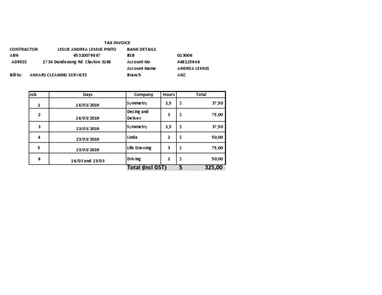 Contractor Bank Details Tax Invoice: Total (Incl GST) 325,00 $ | PDF