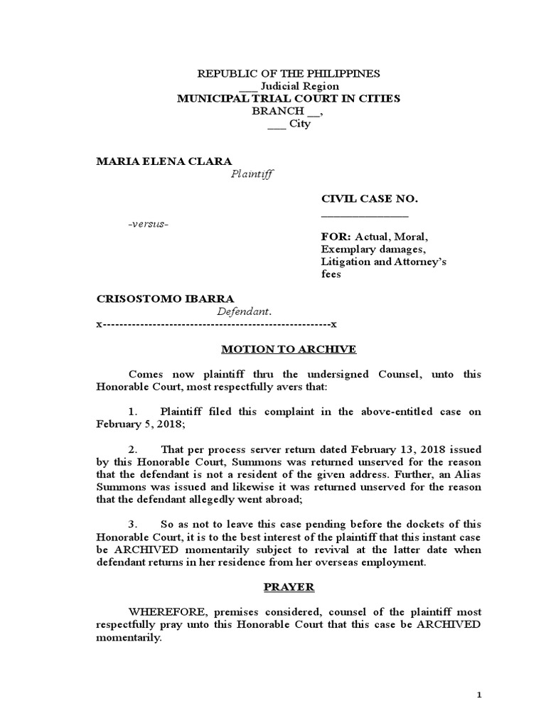 Motion To Archive. Sample | PDF | Lawsuit | Common Law