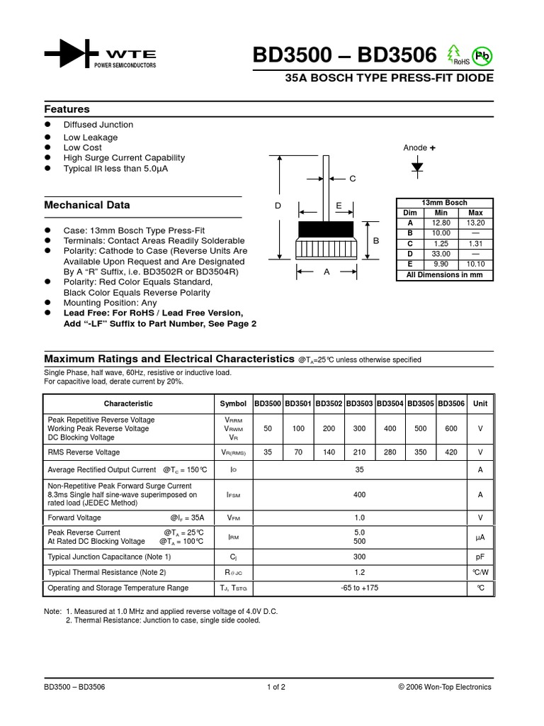 BD3500 - BD3506: 35A Bosch Type Press-Fit Diode | PDF | Force ...