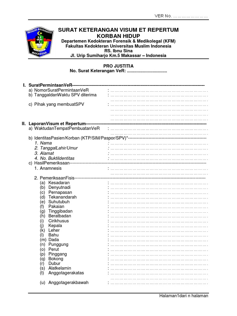 Surat Keterangan Visum Et Repertum Korban Hidup: Nama: Tanggallahir ...