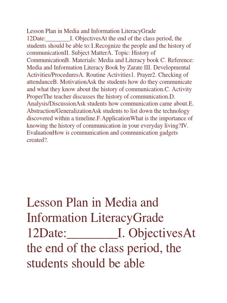 Lesson Plan in Media and Information LiteracyGrade 12date | PDF ...