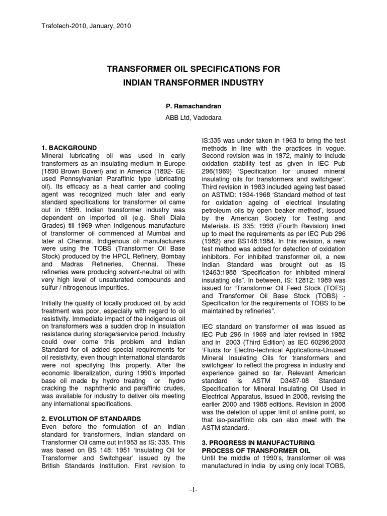 2010-01-Trafotech2010 TRF Oil Specifications For Indian TRF Industry ...